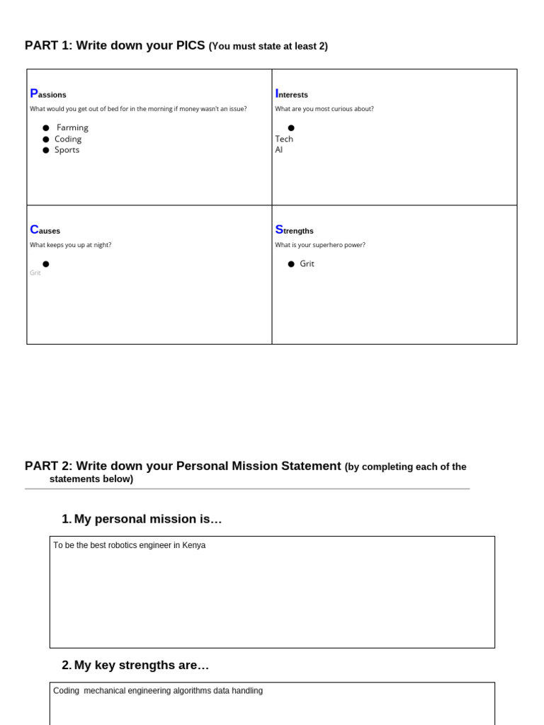 PICS and Personal Mission Statement Worksheet - ALX Professional ...