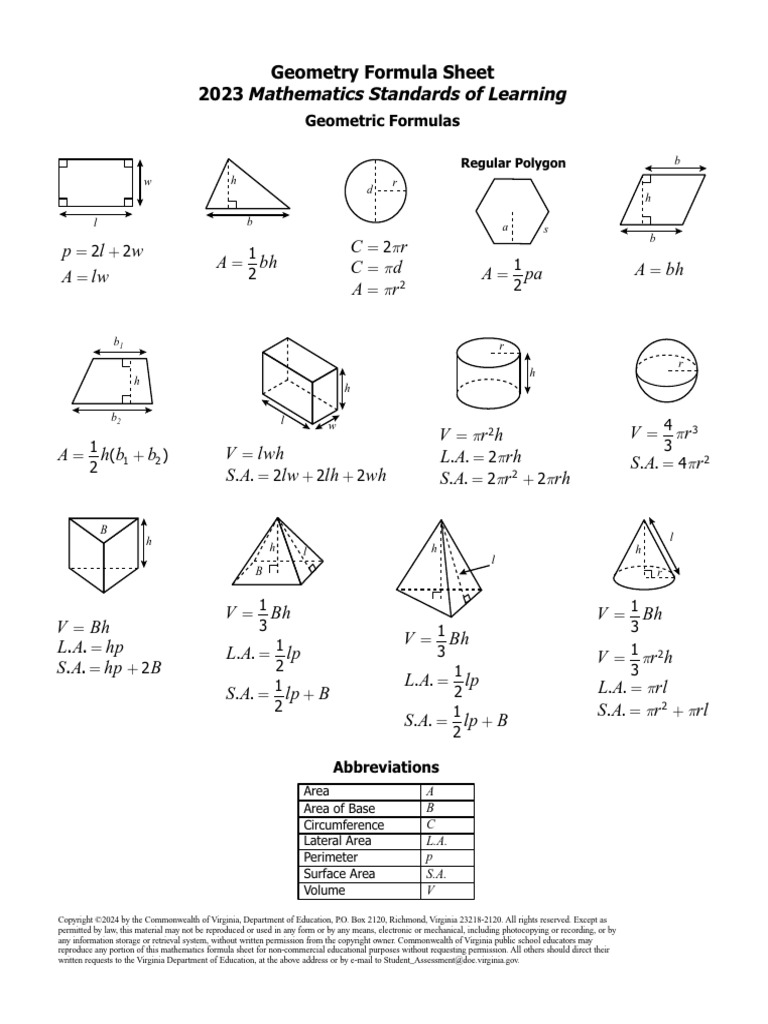 Geometry Formula Sheet 2023 | PDF | Area | Angle