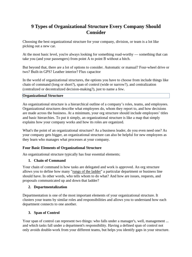 9 Organizational Structures for Businesses | PDF | Organizational ...