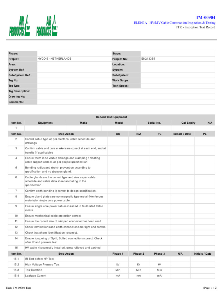 HV/MV Cable Inspection & Testing Record | PDF | Electrical Engineering ...