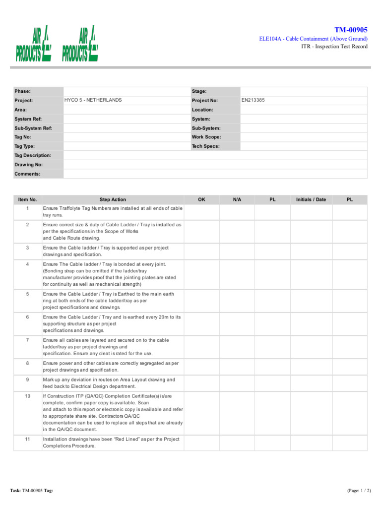 Cable Containment Inspection Record | PDF | Specification (Technical ...