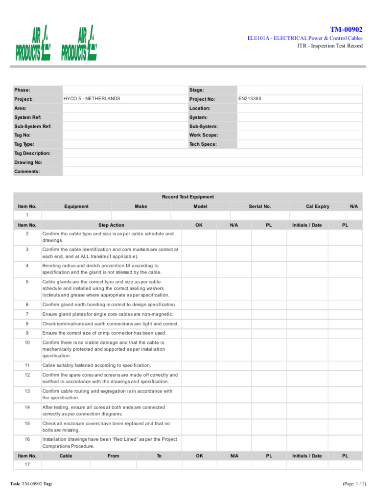 Electrical Power Cable Inspection Record | PDF | Manufactured Goods