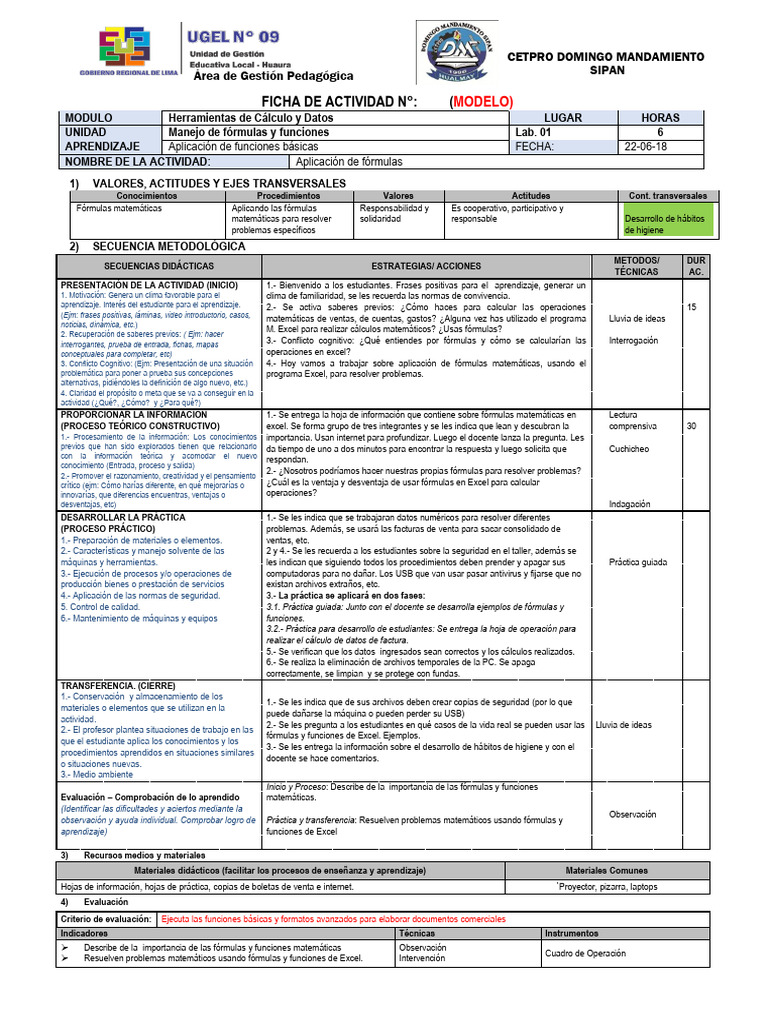 Ficha de Actividad - Modelo - Computacion | PDF | Microsoft Excel | Maestros