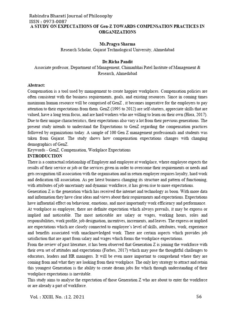 A Study On Expectations of Gen-Z Towards Compensation Practices in Organizations Ms - Pragya ...