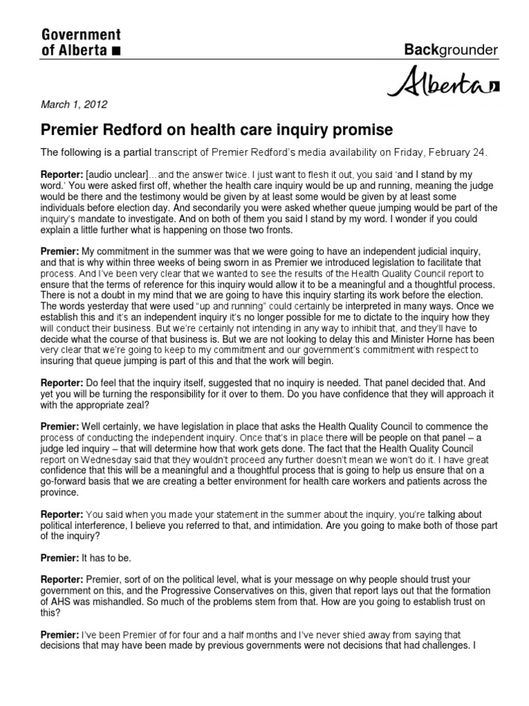 Redford's Commitment to Health Inquiry | PDF | Social Institutions ...