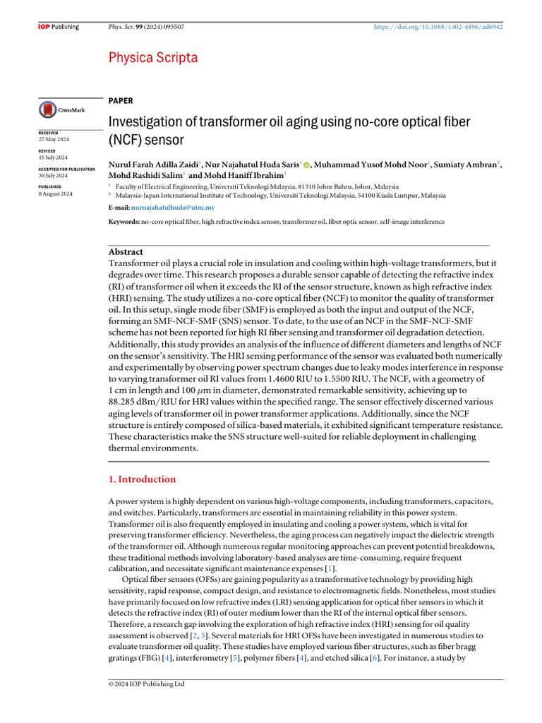 HRI Sensing for Transformer Oil Quality | PDF | Optical Fiber | Sensor