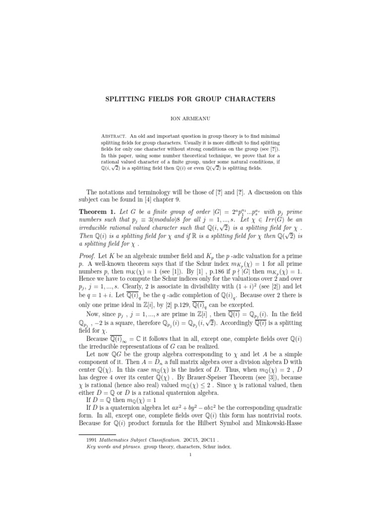 Minimal Splitting Fields for Group Characters | PDF | Field ...