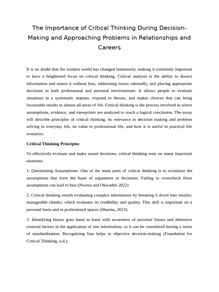 The Importance of Critical Thinking During Decision-Making and Approaching Problems in ...