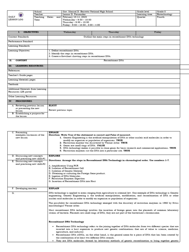 Grade 8 Biotechnology Lesson Plan | PDF | Molecular Cloning | Dna