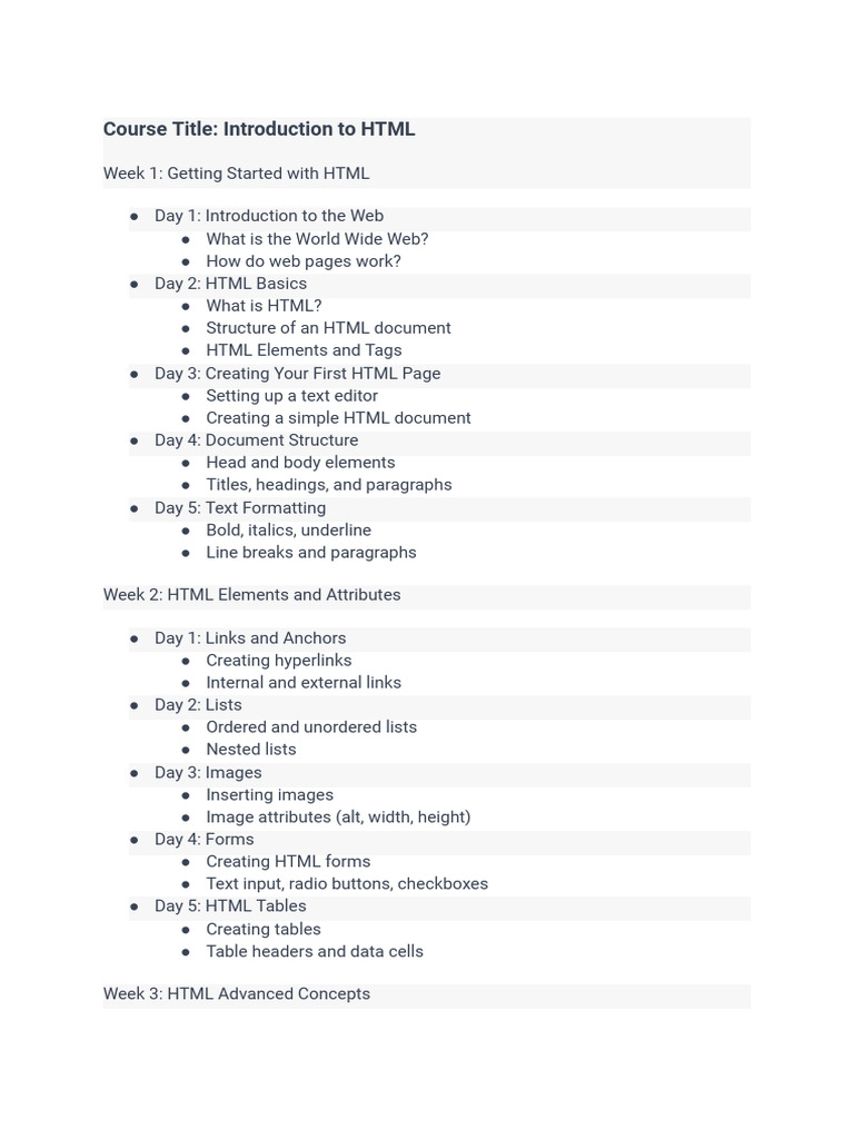 Course Title - Introduction To HTML | PDF