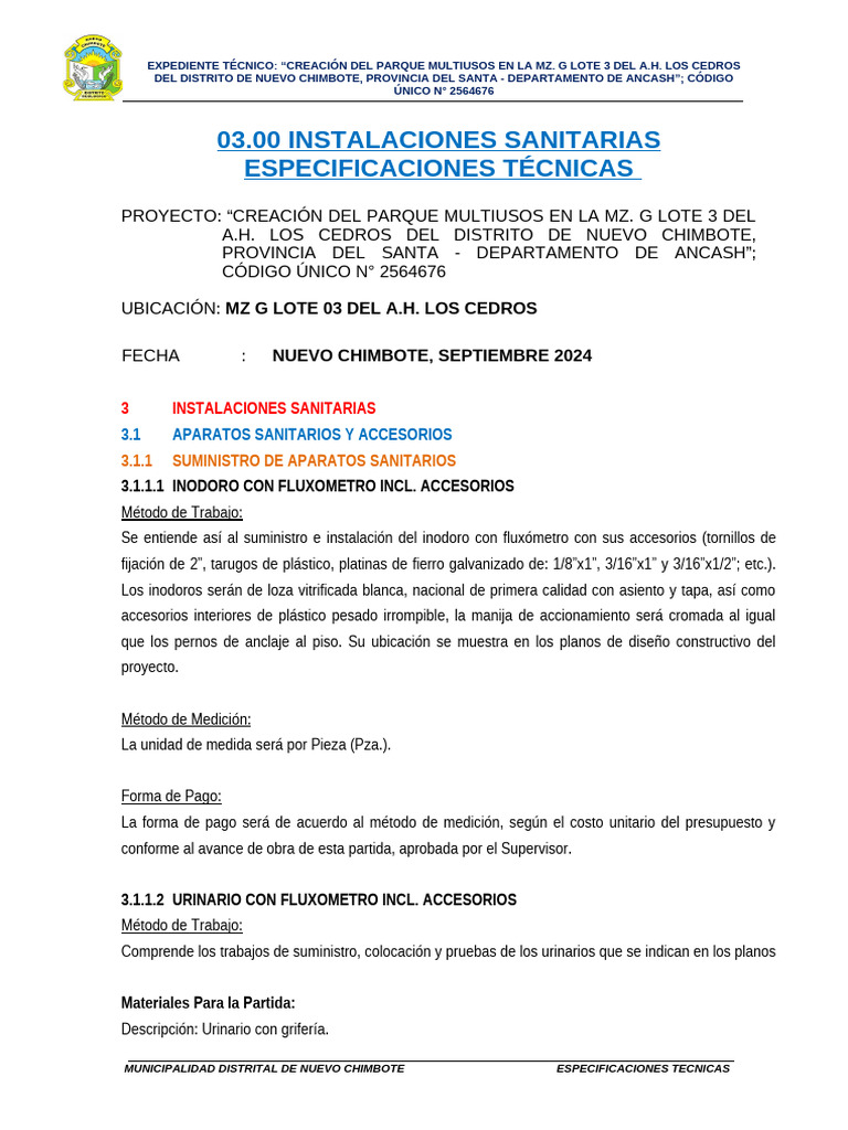 Especificaciones Tecnicas Instalaciones Sanitarias | PDF | Agua | Topografía