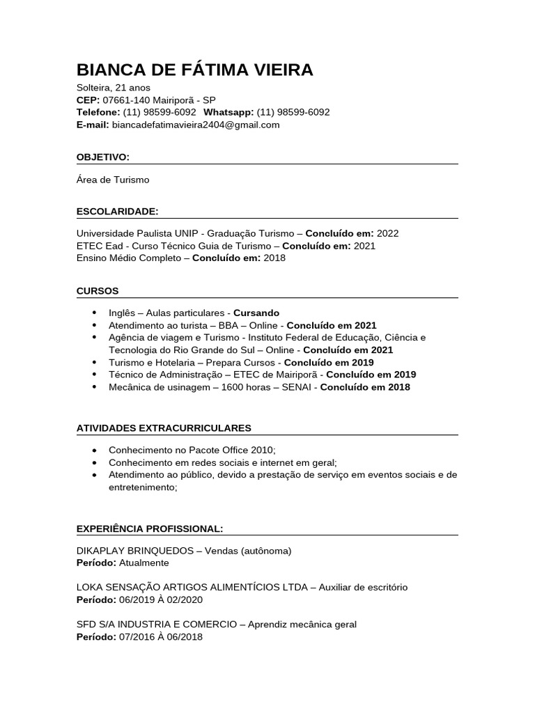 Curriculo Bianca de Fatima Vieira | PDF