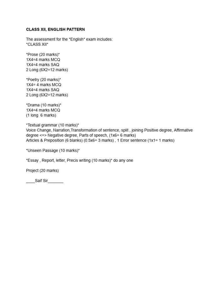 Class Xii, English Pattern | PDF