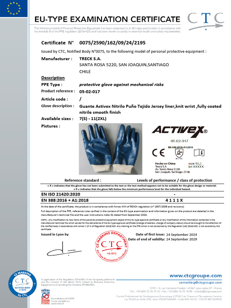 Activex Certificacion Guante Nitrilo Puño Tejido | PDF | Personal Protective Equipment | Regulation
