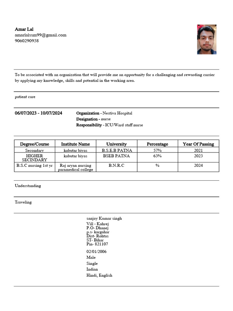 Nurse Resume of Amar Lal | PDF