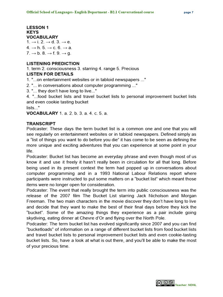 B2.1 BUCKET LIST- SS - KEYS 3 | PDF