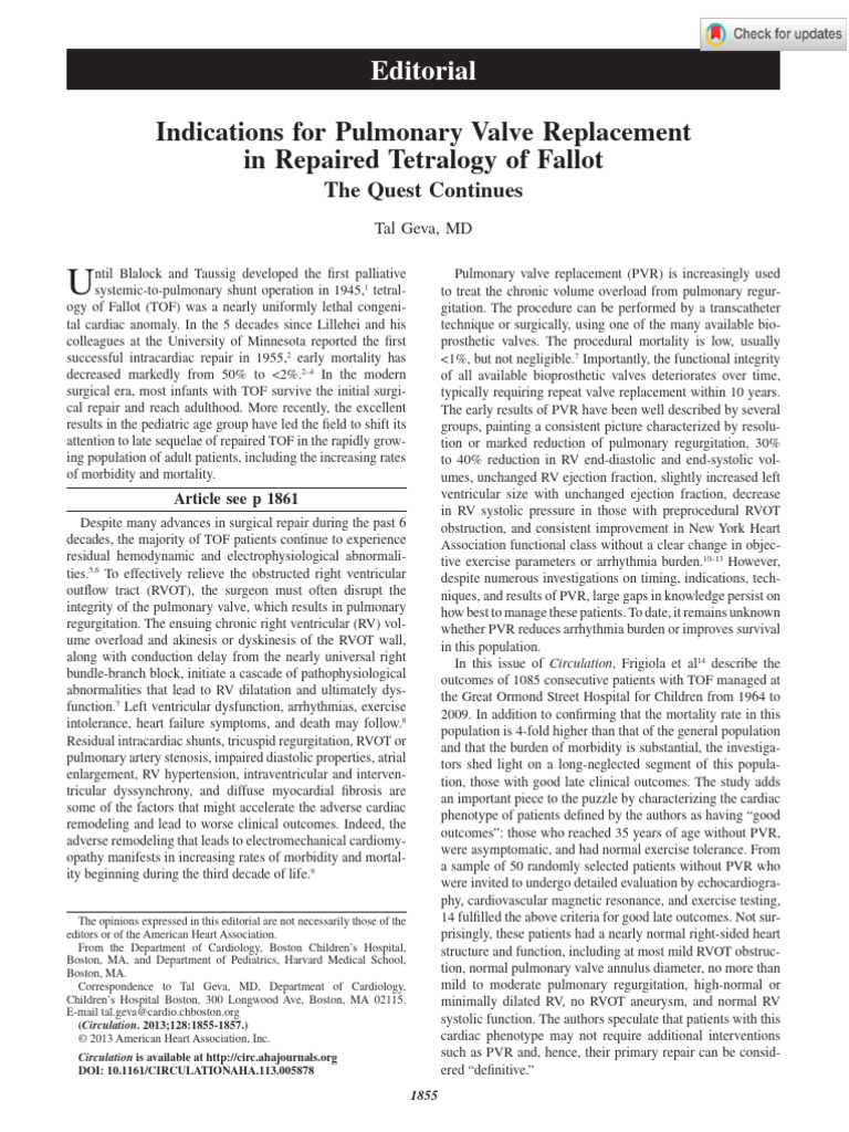 Geva 2013 Indications For Pulmonary Valve Replacement in Repaired Tetralogy of Fallot | PDF ...