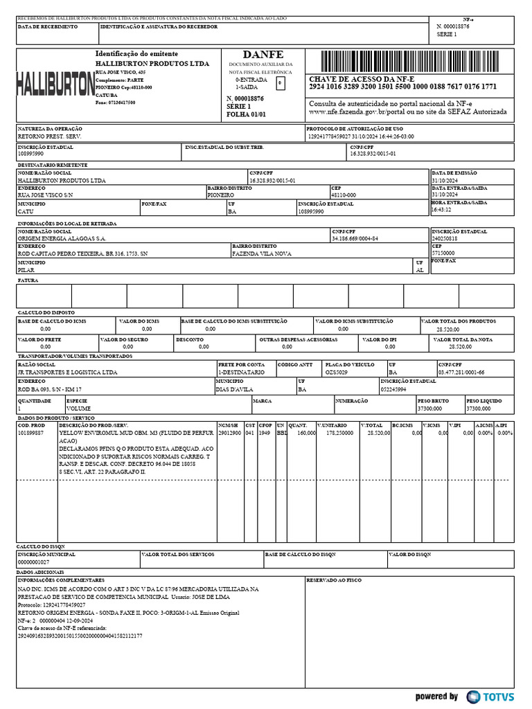 Danfe 000018876 - Bar - Retorno Origem - Sonda Faxe II x Base Ctu - 31 10 2024 | PDF | Recibo ...