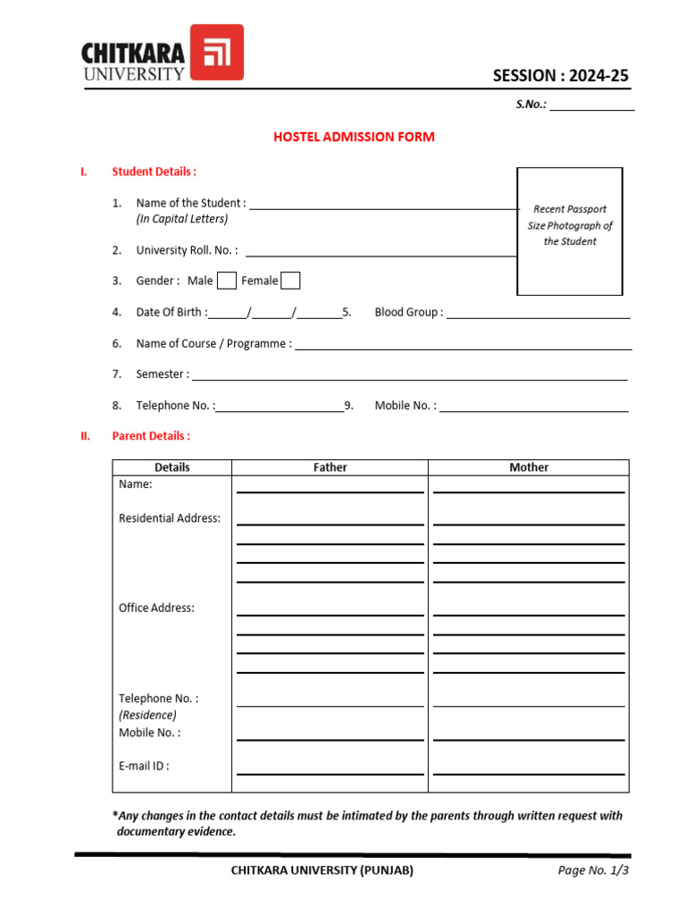 Chitkara University Hostel Admission 2024-25 | PDF