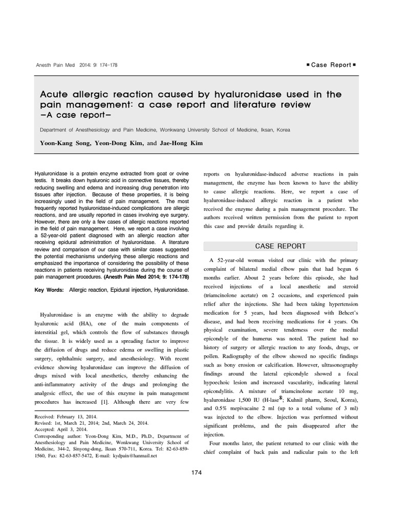 Acute allergic reaction caused by hyaluronidase used in the pain ...
