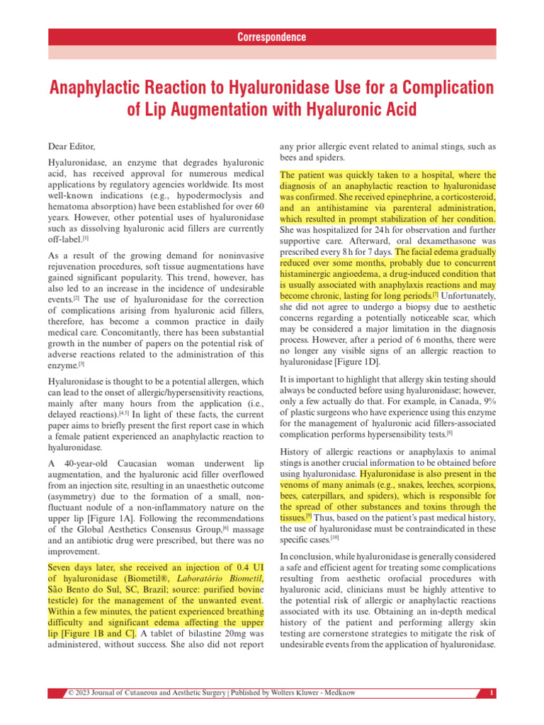 Anaphylactic Reaction To Hyaluronidase Use For A.64 | PDF | Allergy | Medicine