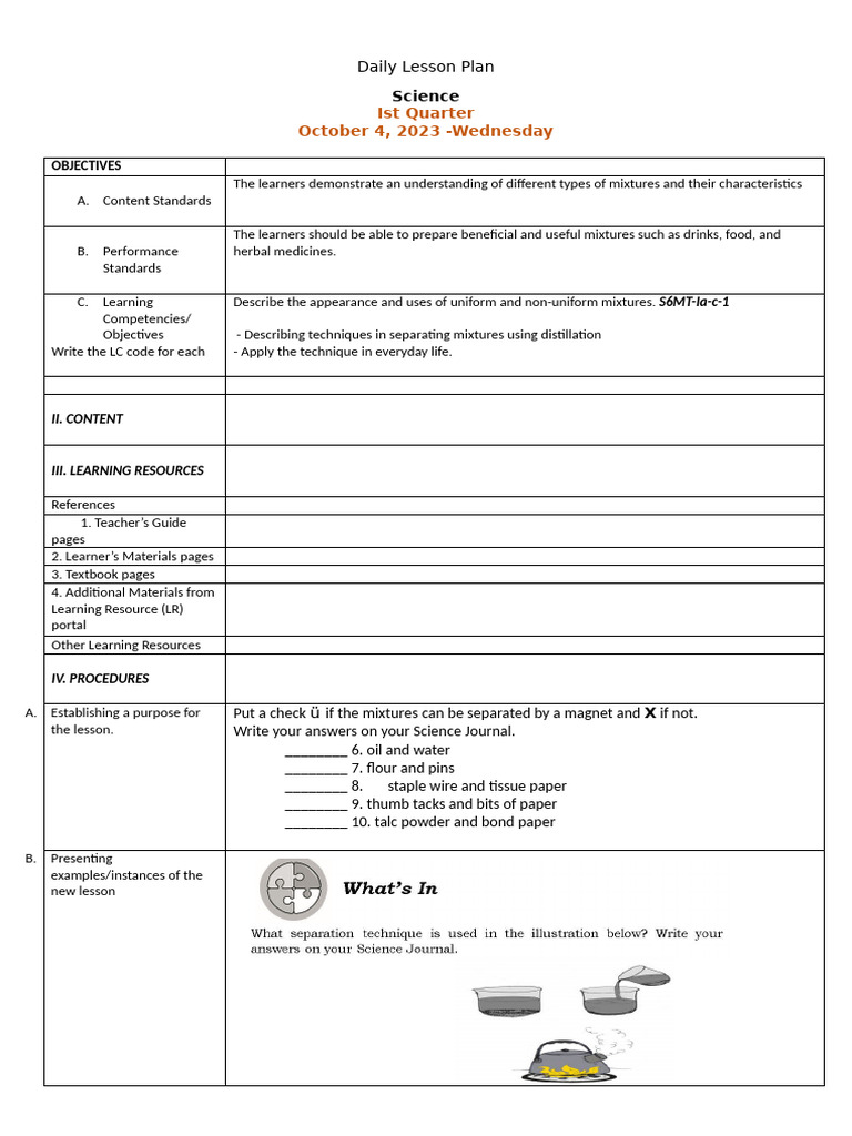 1st Quarter Lesson Plan Science | PDF | Filtration | Distillation