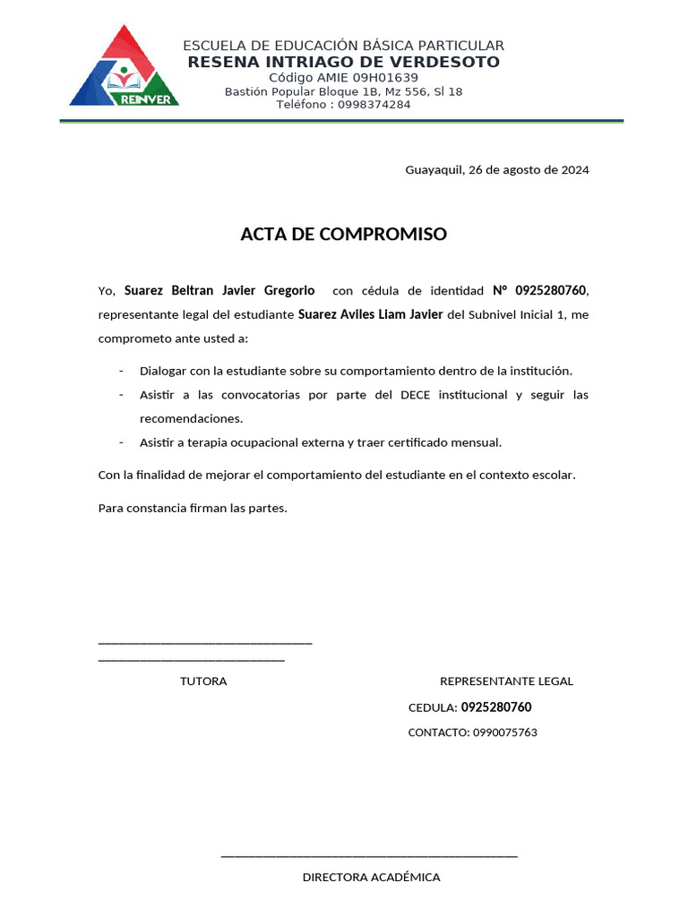 Actas de Compromiso Escolar 2024 | PDF