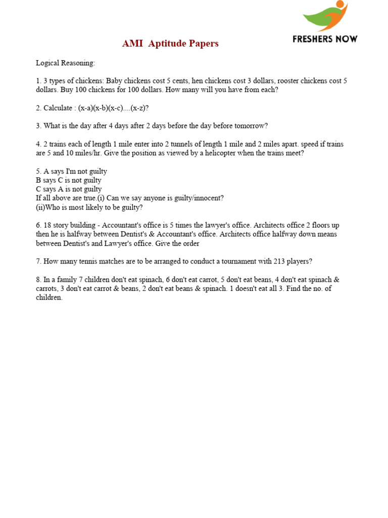 AMI Placement Aptitude Sample Paper | PDF