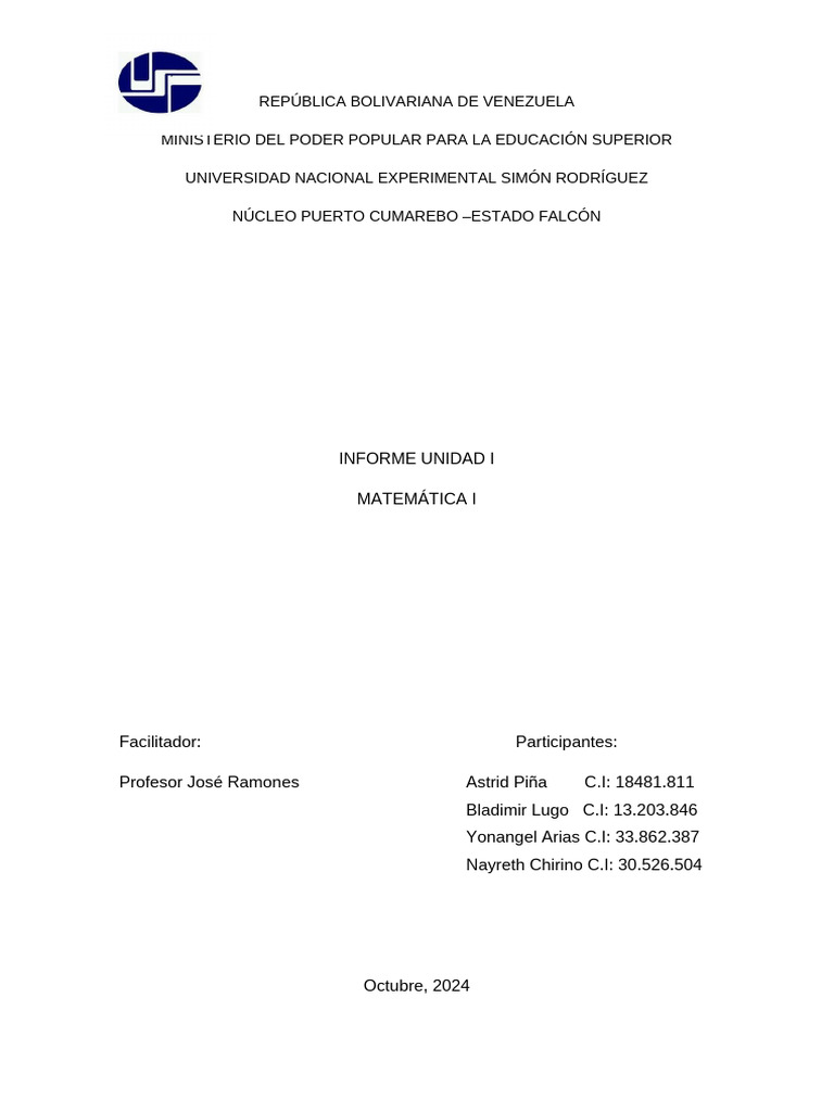 Matematica Informe Unidad I Bladimir Lugo Unesr | PDF | Enseñanza de matemática | Datos