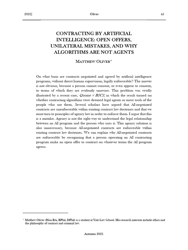 24466 Contracting by Artificial Intelligence Open Offers Unilateral Mistakes and Why Algorithms ...