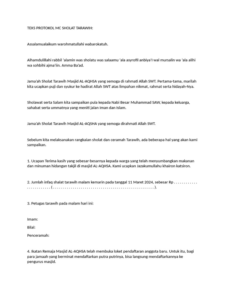 Teks Protokol MC Sholat Tarawih | PDF