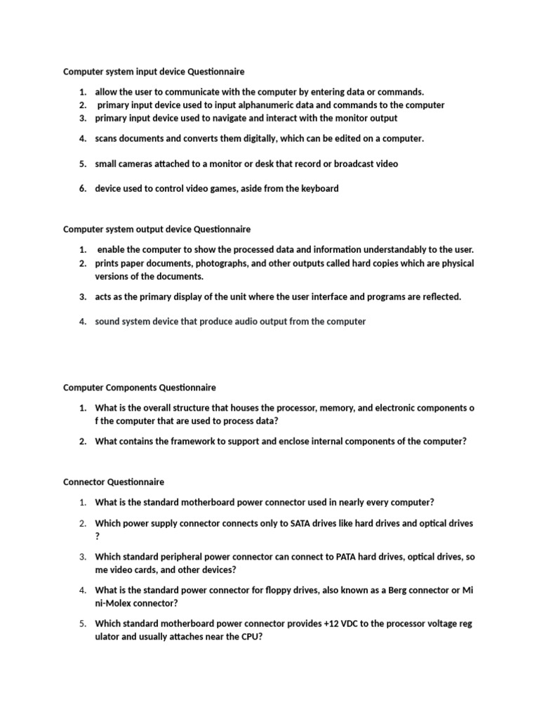 Computer System Input Device Questionnaire | PDF