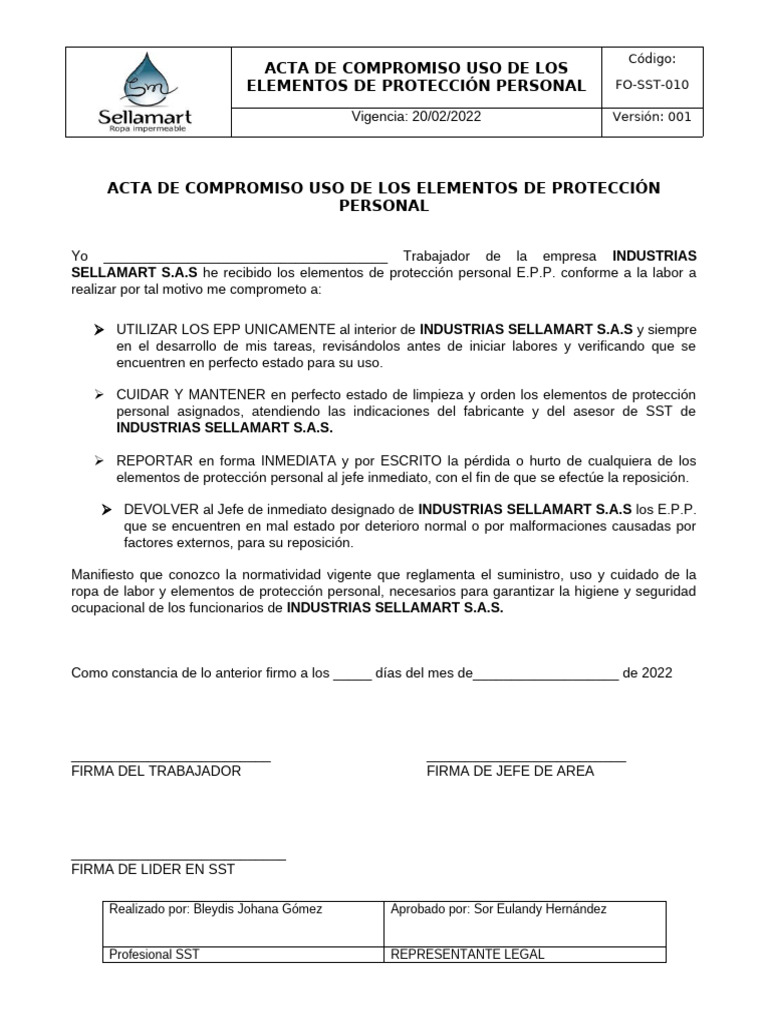 Fo-Sst-010 Acta de Compromiso Uso de Epp | PDF