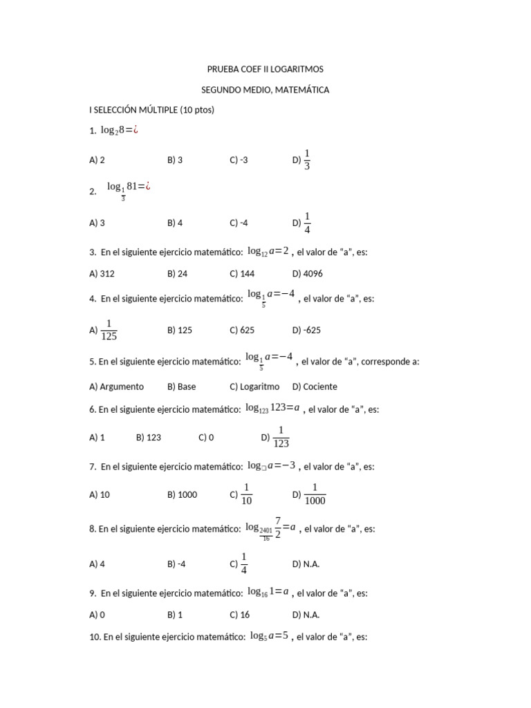 Prueba de Logaritmos - Segundo Medio | PDF