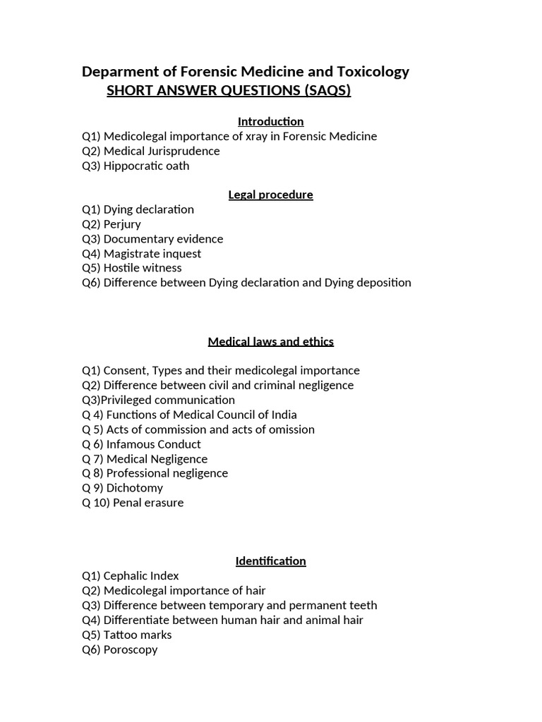 Short Answer Question in Fmt-2 | PDF | Medical Jurisprudence | Autopsy