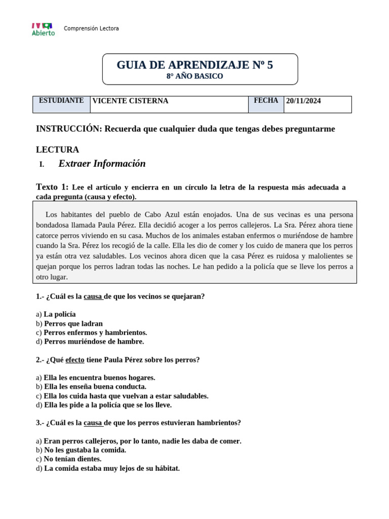 Guía de Comprensión Lectora 8° Básico | PDF | Seda | Perros