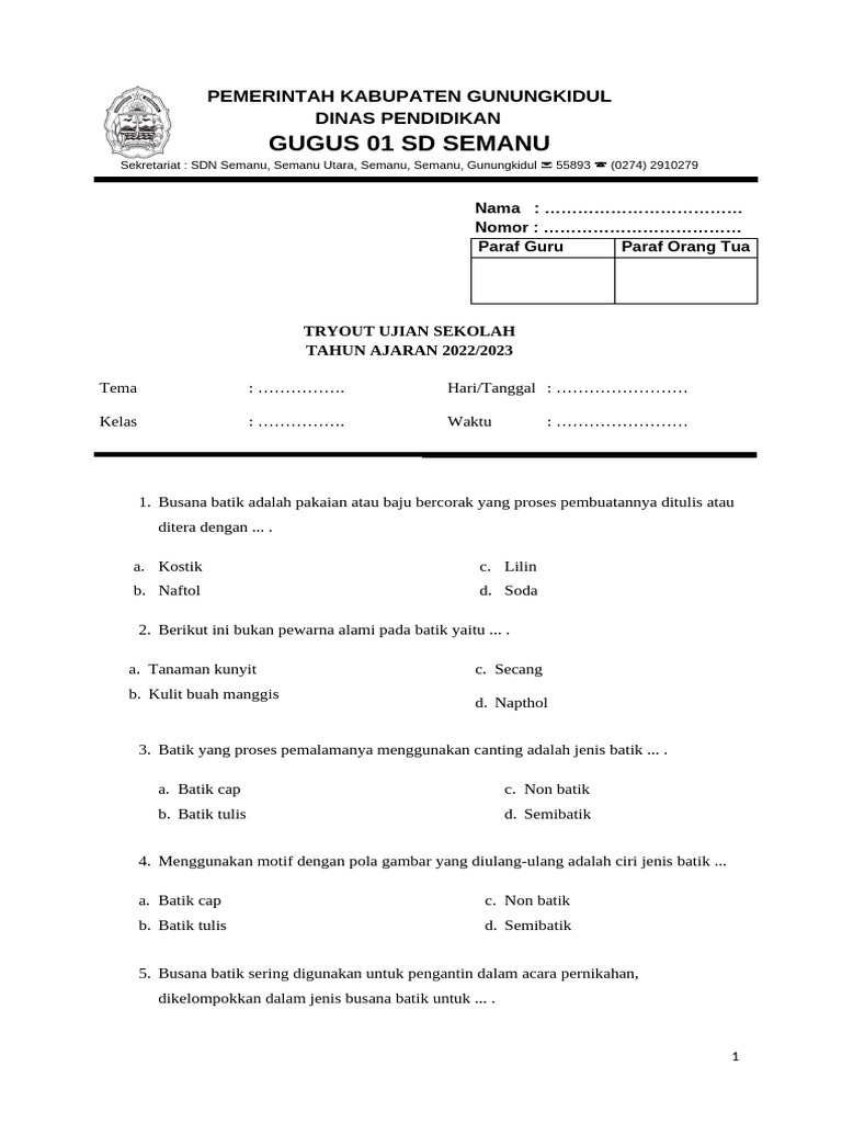 Tryout Ujian Batik SD Semanu | PDF