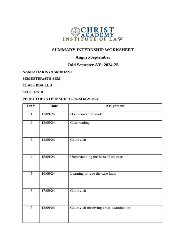 BBA LLB Internship Summary Worksheet | PDF