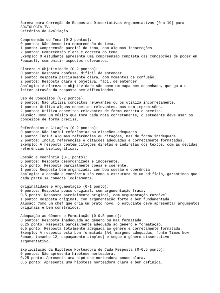 Barema de Avaliação para Sociologia IV | PDF