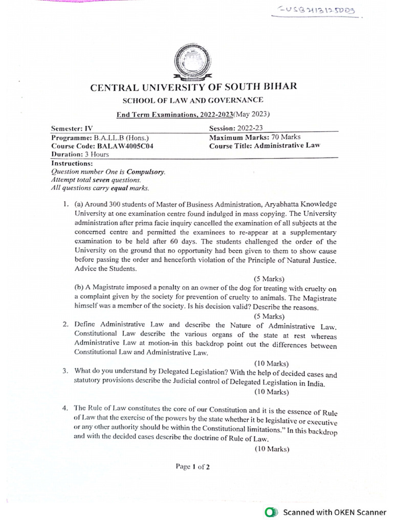 End Sem Question Paper Admin Law | PDF