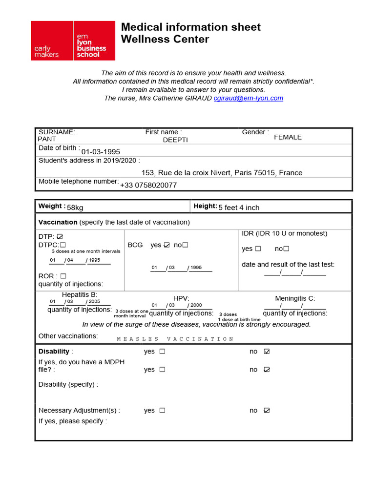 Medical Information Sheet for Students | PDF | Medicine | Medical ...