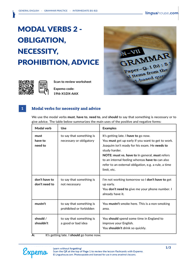 Modal Verbs 2 Obligation Necessity Prohibition Advice | PDF ...
