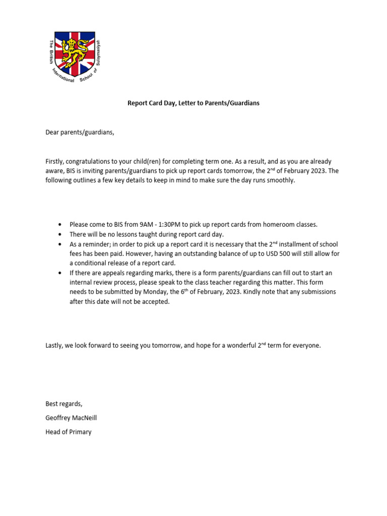 Report Card Day, Letter To Parents - Guardians | PDF