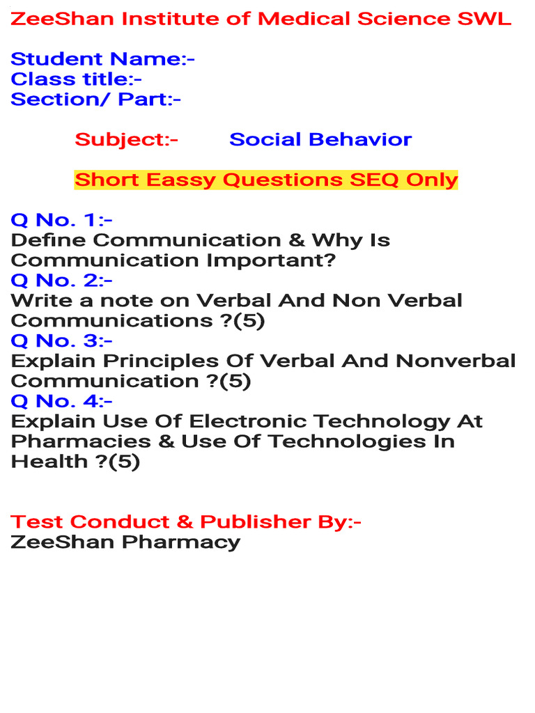 Test No # 04 (Part-2) Social Behavior | PDF