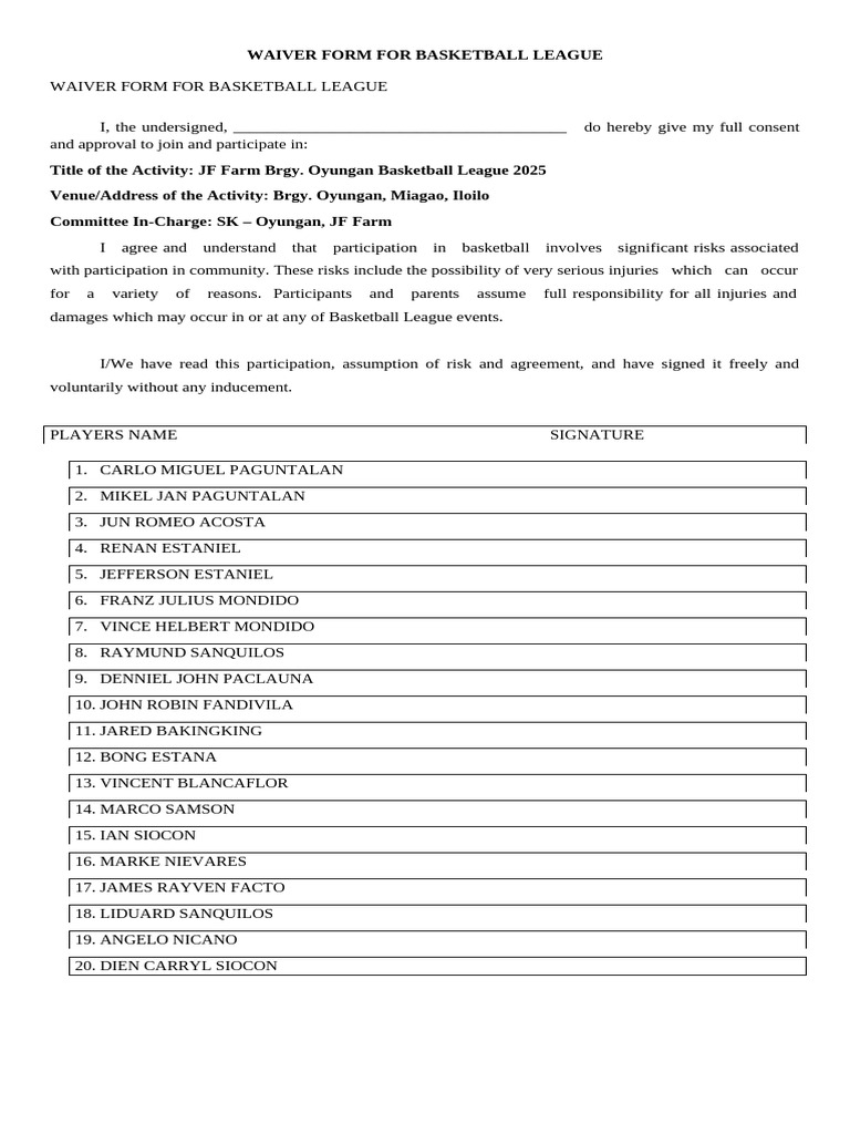Waiver Form For Basketball League | PDF