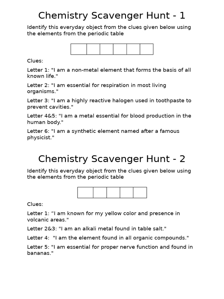 Chemistry Scavenger Hunt | PDF | Metals | Chemical Elements