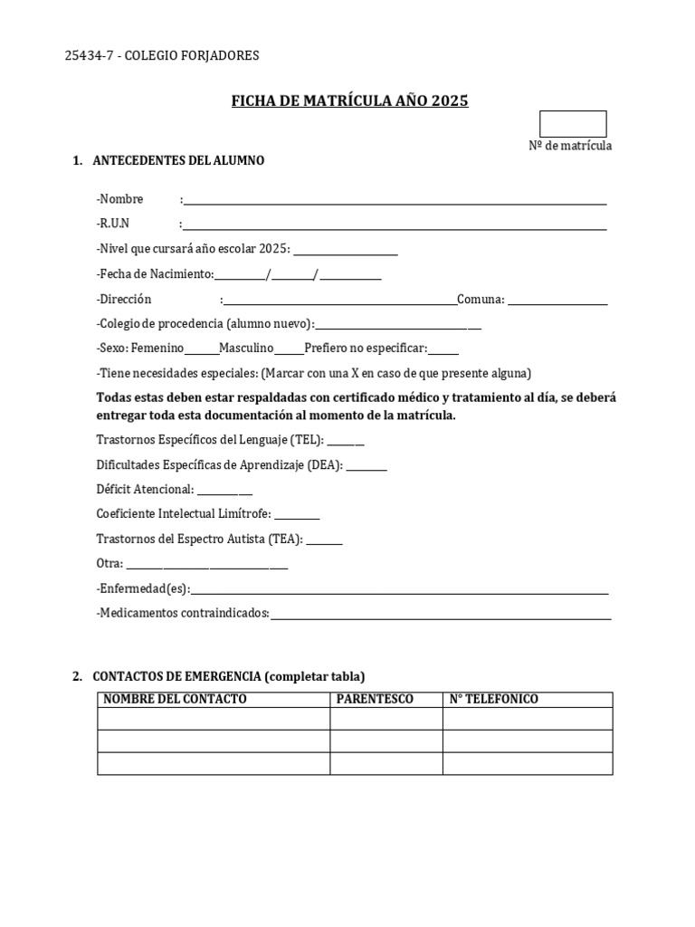 FICHA DE MATRÍCULA 2025 - Para completar a mano | PDF