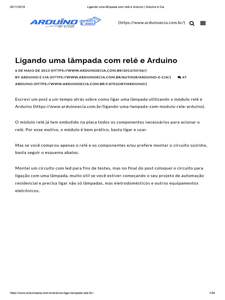 Ligando uma lâmpada com relé e Arduino _ Arduino e Cia | PDF | Relé | Rede elétrica