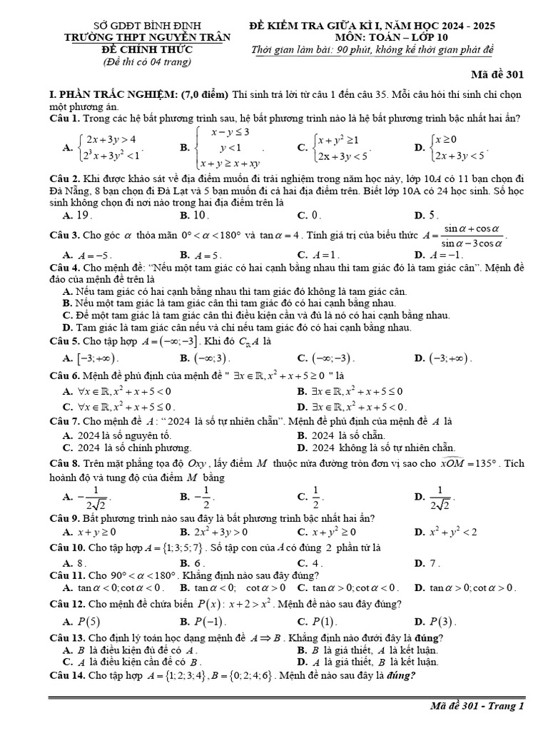 De Giua Ki 1 Toan 10 Nam 2024 2025 Truong Thpt Nguyen Tran Binh Dinh | PDF