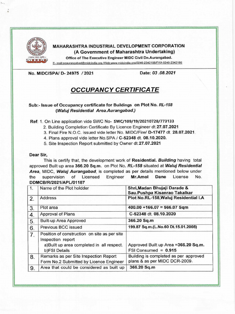 Midc Occupancy Certificate | PDF